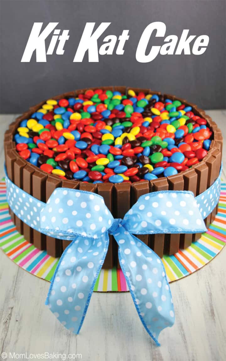 Buckets of M&M's Kit Kat Birthday Cake Recipe - Mom Loves Baking