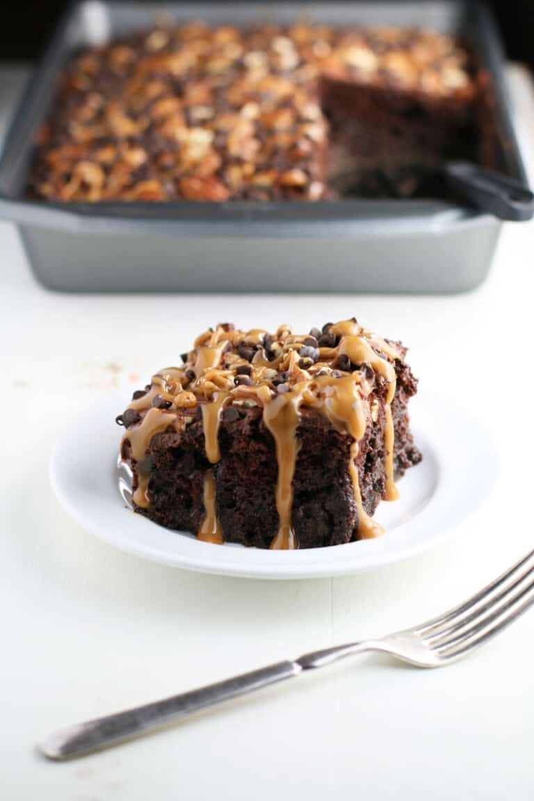Chocolate Turtle Poke Cake Mom Loves Baking