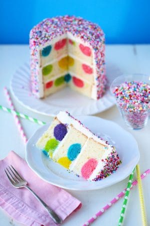 Rainbow Sprinkles Polka Dot Surprise Cake - Mom Loves Baking